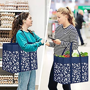 WOWBOX Reusable Grocery Bags Foldable Tote Bags Bulk with Reinforced Handles Shopping Bags for Groceries Heavy Duty Large Bags Kitchen Reusable Grocery Bags with Waterproof Coating 4-Pack, Blue