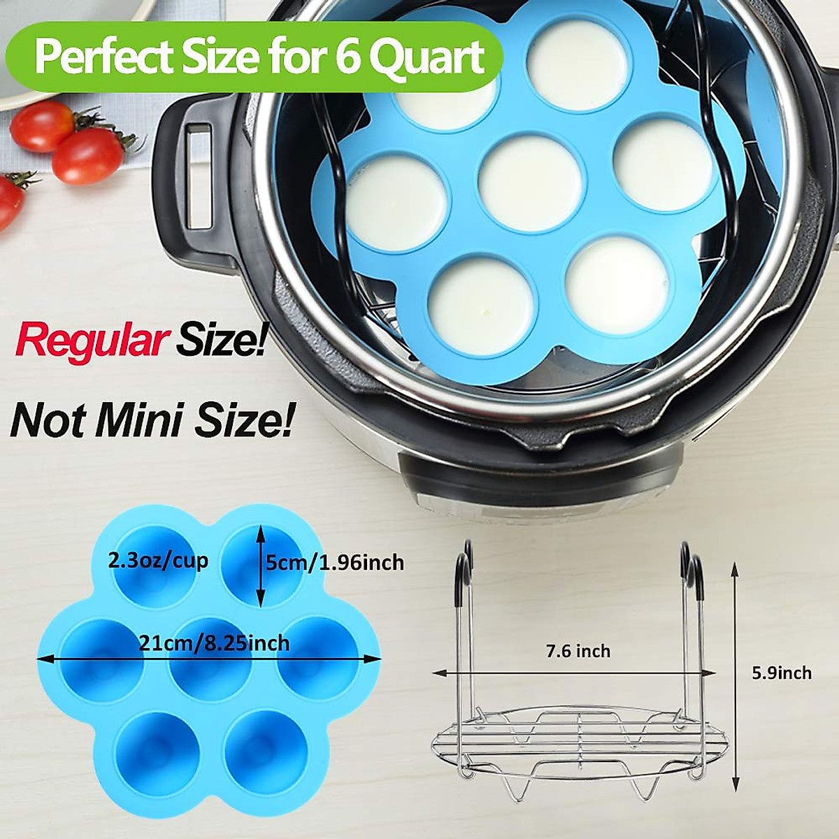 ULEE Silicone Egg Bites Molds Compatible with Instant Pot Accessories 6 Qt 8 Quart, Including Steamer Rack Trivet with Heat Resistant Handles, 5-Piece Measuring Spoons as Bonus, Sous Vide Egg Poachers