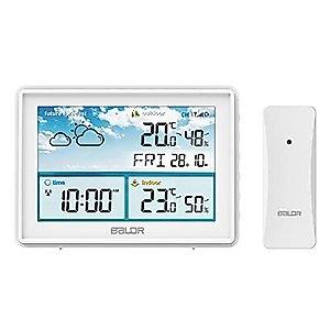 BALDR Home Weather Station & Indoor Outdoor Thermometer with Wireless Remote Sensor, Atomic Alarm Clock, Calendar, Humidity Monitor,& Weather Forecast & Digital Weather Station in LCD Display (White)