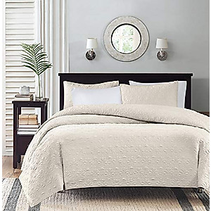 Madison Park Quebec Quilt Set - Luxurious Damask Stitching Design, Cotton Filled Lightweight Coverlet Bedspread Bedding, Shams, Full/Queen(90"x90"), Cream 3 Piece