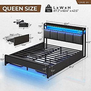 Rolanstar Bed Frame Queen Size with Charging Station and LED Lights, Upholstered Storage Headboard with Drawers, Heavy Duty Metal Slats, No Box Spring Needed, Noise Free, Easy Assembly, Dark Grey