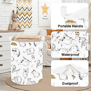 Clastyle 45L Sketch Forest Animal Kid Clothes Hamper Elephant Raccoon Laundry Basket for Boy Girl Leopard Zebra Round Toy Clothes Storage Basket for Nursery Room