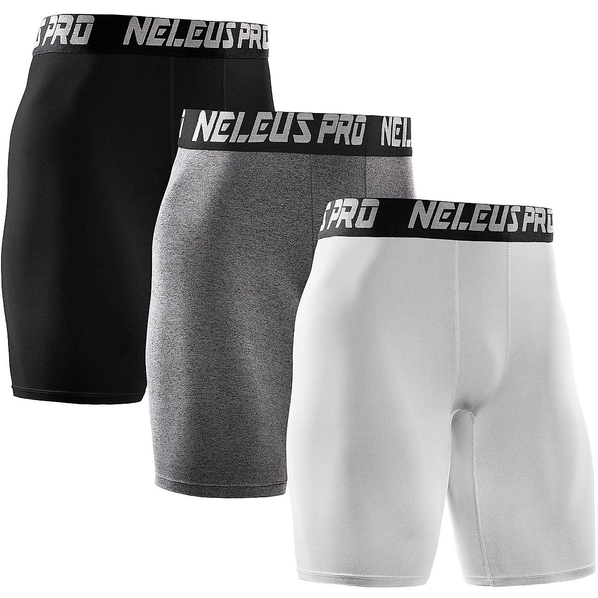 NELEUS Men's 3 Pack Athletic Compression Short,6028,White,Black,Grey,US M,EU L