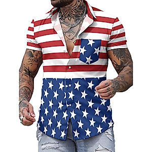 Cerburny Hawaiian Shirt for Men Short Sleeve Button Down Red American Flag Mens Casual Summer Beach Printed Shirts