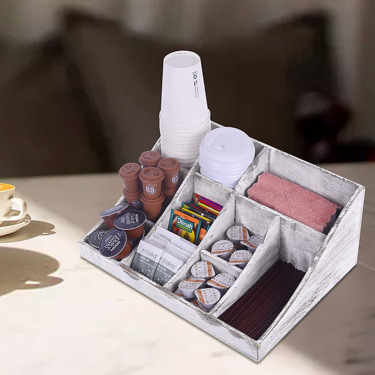 Vencer Wooden Coffee Station Organizer with 10 Compartment Condiment Holder,Farmhouse Coffee and Tea Bar Decor for Home,VTO-020