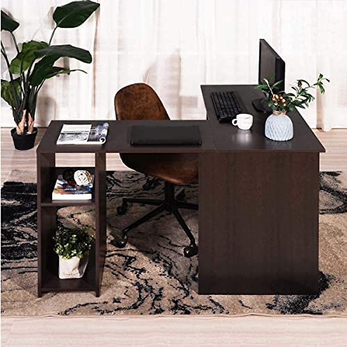 FurnitureR Computer Desk with Bookshelf Industrial Style Study Table Computer Gaming Desk with Storage, Wooden L-Shaped Corner Desk Save Space for Home Office, Brown