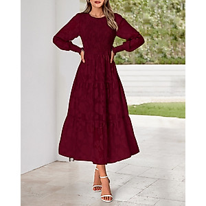 BTFBM Casual Women's 2025 Fall Dresses Elegant Wedding Guest Dress Long Sleeve Floral Midi Dress Flowy Bohemian Long Dress(Wine Red,Large)