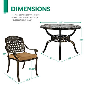VIVIJASON 5-Piece Patio Furniture Dining Set, All-Weather Cast Aluminum Outdoor Conversation Set, Include 4 Cushioned Chairs and 1 Round Table w/Umbrella Hole for Balcony, Lawn, Garden, Backyard