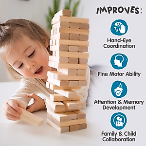 Bascuda Tumble Tower Classic - Wooden Blocks Tumbling Tower Stacking Game - Great Entertainment Game for Family, Adults, Kids, Boys & Girls - Wooden 54 Pieces Family Game Suitable for 3+ Years