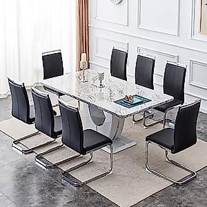 JUFU Faux Marble Dining Room Table Set for 8,Rectangula Kitchen Table Set with Faux Marble Tabletop＆6 Pu Leather Upholstered Chairs Ideal for Dining Room, Kitchen (White, 71'')