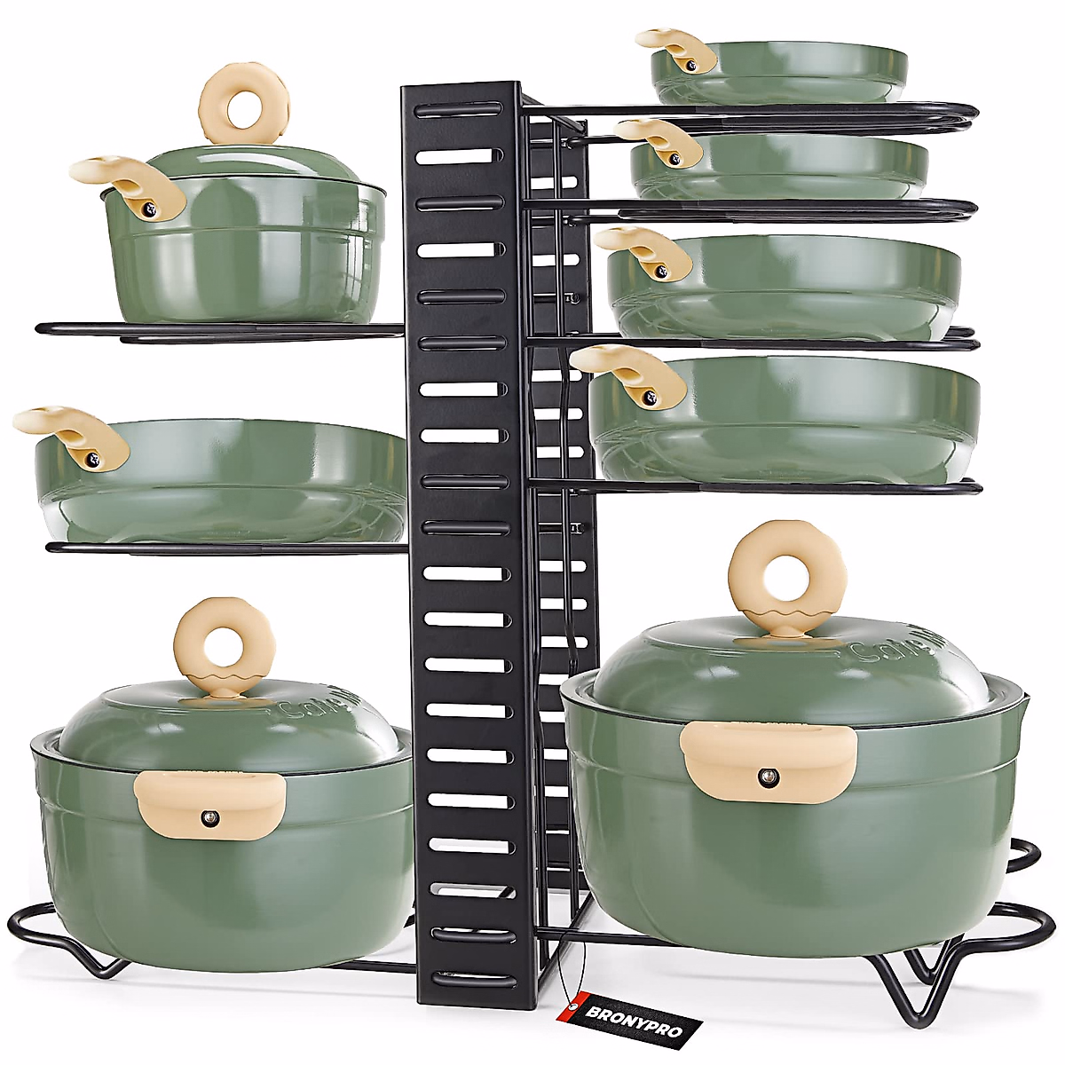 BRONYPRO Adjustable Pots and Pans Organizer for Kitchen Cabinet, Rustproof Storage Organizer Rack for Heavy Pots Pans with 8 Slots, for Skillets, Frying Pan, Pot Lids, Kitchen Must Have (Black)
