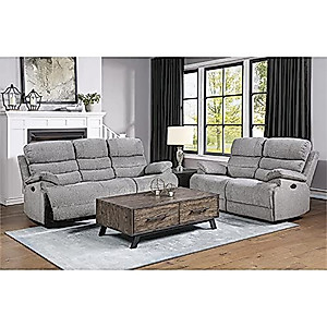 Pemberly Row Transitional Fabric Power Headrest Double Reclining Sofa in Gray