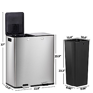 F2C 16 Gallon(60L) Dual Trash Can,Stainless Steel Step-on Kitchen Garbage Can with Lids, Foot Pedals and Inner Buckets,Rectangular Dual Compartment Recycling Bins for Kitchen Office Home Use,Silver
