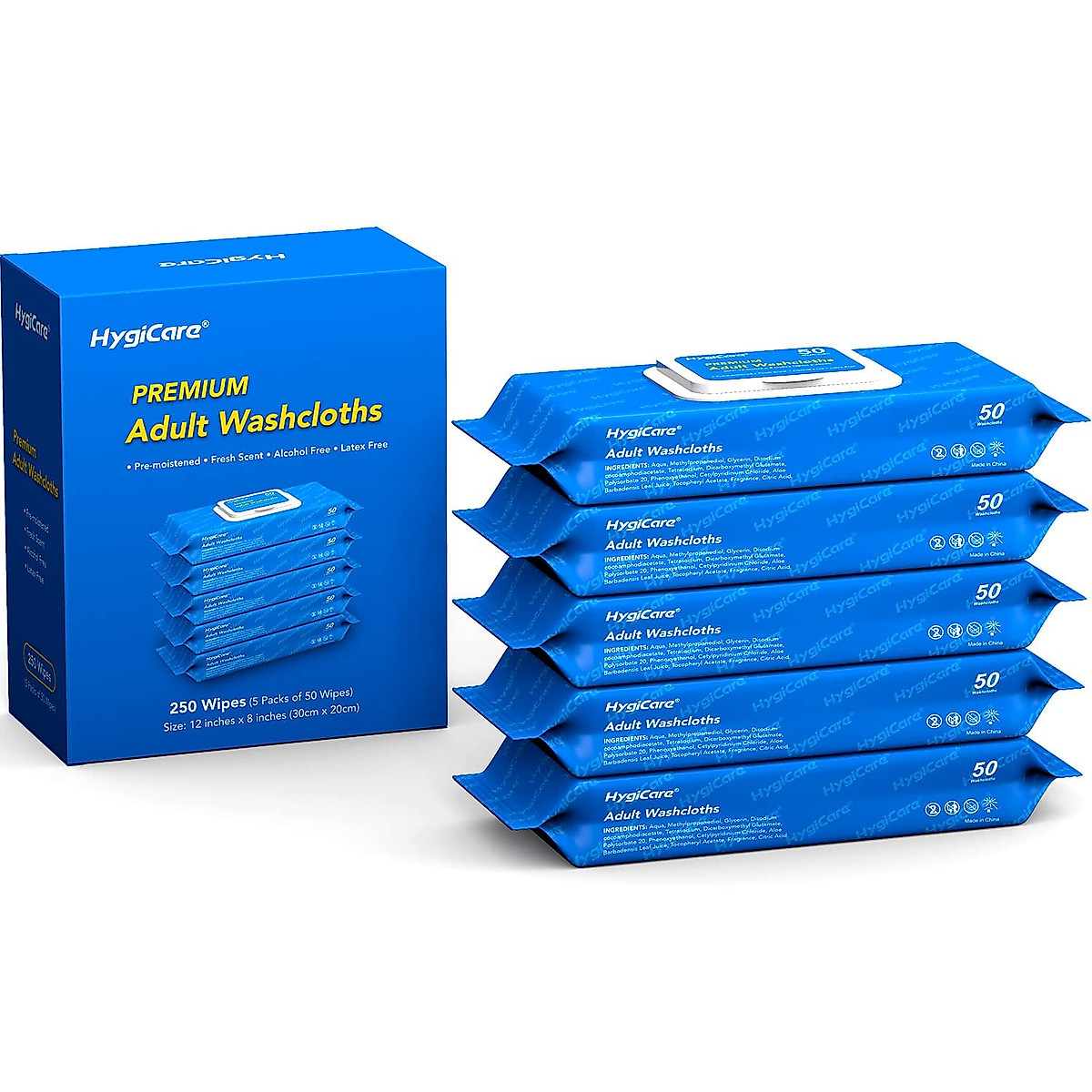 HygiCare Adult Washcloths Body Wipes 250 Count Fresh Scent 12"x8" Flip Top, Strong Yet Soft, Perfect for Incontinence Cleansing, Clinic, Nursing Home, Hospital, Camping, Travel, Gym