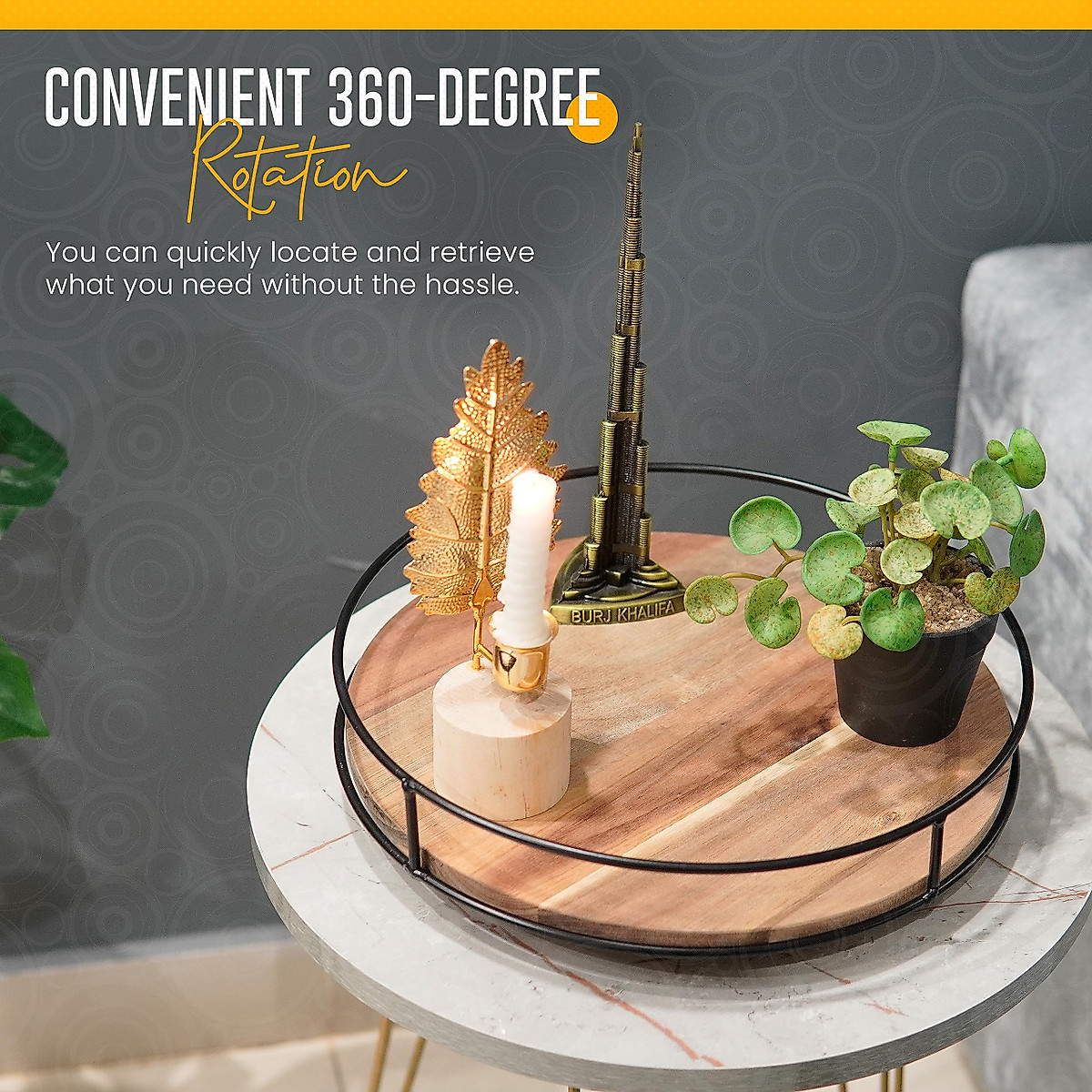 DECORSTATION Wooden Lazy Susan Organizer, 12.5 Inches - Round Lazy Susan for Table, Artistic Acacia Wood with Sturdy Black Steel Bar - 360 Degree Smooth Rotating – Suitable for Countertops & Cabinets