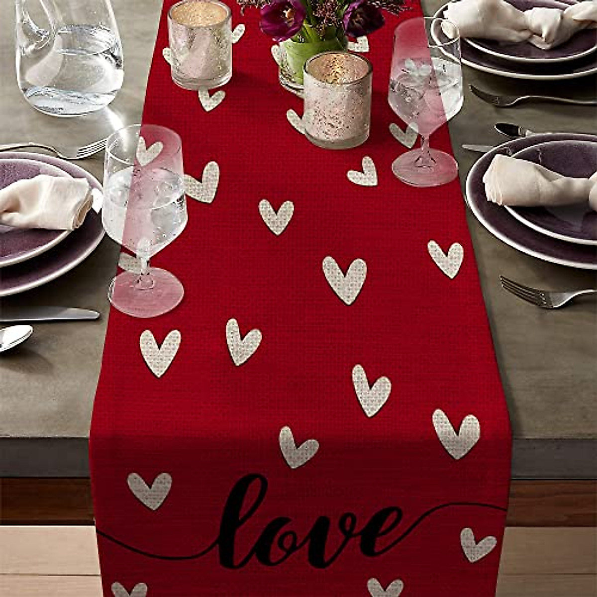 ARKENY Valentines Day Table Runner 13x72 Inches, Love Heart Seasonal Farmhouse Burlap Red Indoor Kitchen Dining Table Decorations for Home Party AT057-72