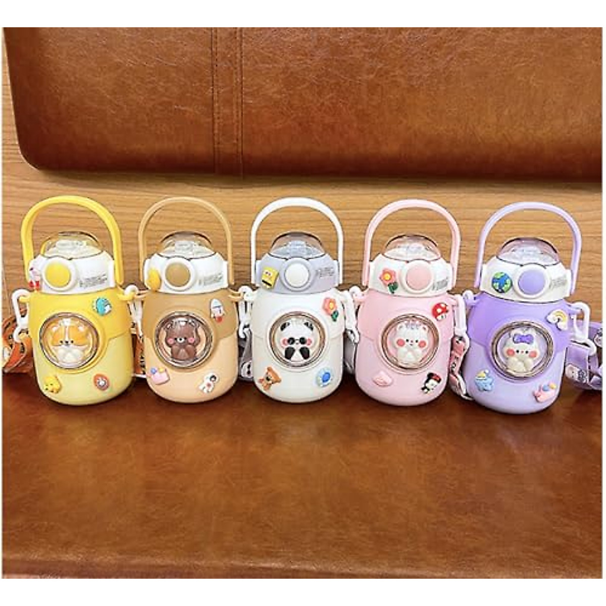 Large Capacity Cartoon Prints Water Bottle with Straw Lid Women Tumblers with Shoulder Strap Stainless Steel Thermal Cup (Yellow 23.6oz)