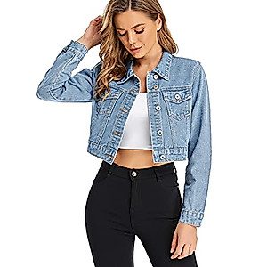 PEIQI Women’s Cropped Jean Denim Jacket Button Down Long Sleeve with Pockets Light Blue Medium