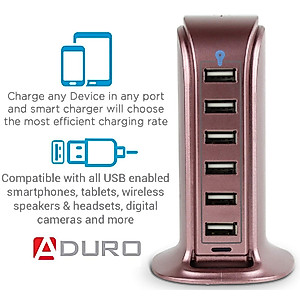 Aduro 40W 6-Port USB Desktop Charging Station Hub Wall Charger for iPhone iPad Tablets Smartphones with Smart Flow (Rose Gold)