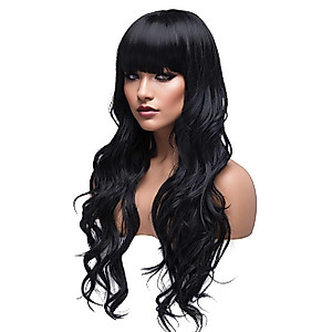 BESTUNG Long Curly Wavy Wigs for Women Ladies Synthetic Full Hair Natural Black Brunette Wig with Straight Bangs for Daily Wear (Straight Bangs, Black)