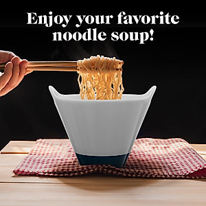 American Atelier Ramen Bowl with Chopsticks | Miso Soup, Udon Noodle Bowls for Kitchen | Stoneware Soup Bowl (25 Oz) | White & Blue with Built-in Handles/Chopstick Rest