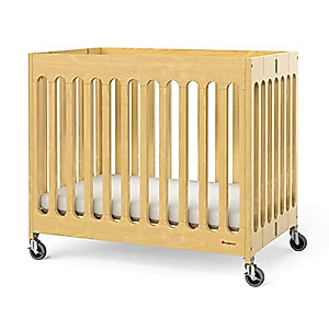 Foundations Boutique Compact Folding Crib, Modern, Contemporary, Mini Crib for Guest Rooms, Vacation Homes, and Small Nurseries, Available in 5 Finishes, Mattress Included (Natural)