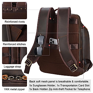 Masa Kawa Vintage Leather 15.6" Laptop Computer Backpack Camera Bag for Men Photographers Brown Large Business Travel Work Multi Pockets Rucksack Daypack