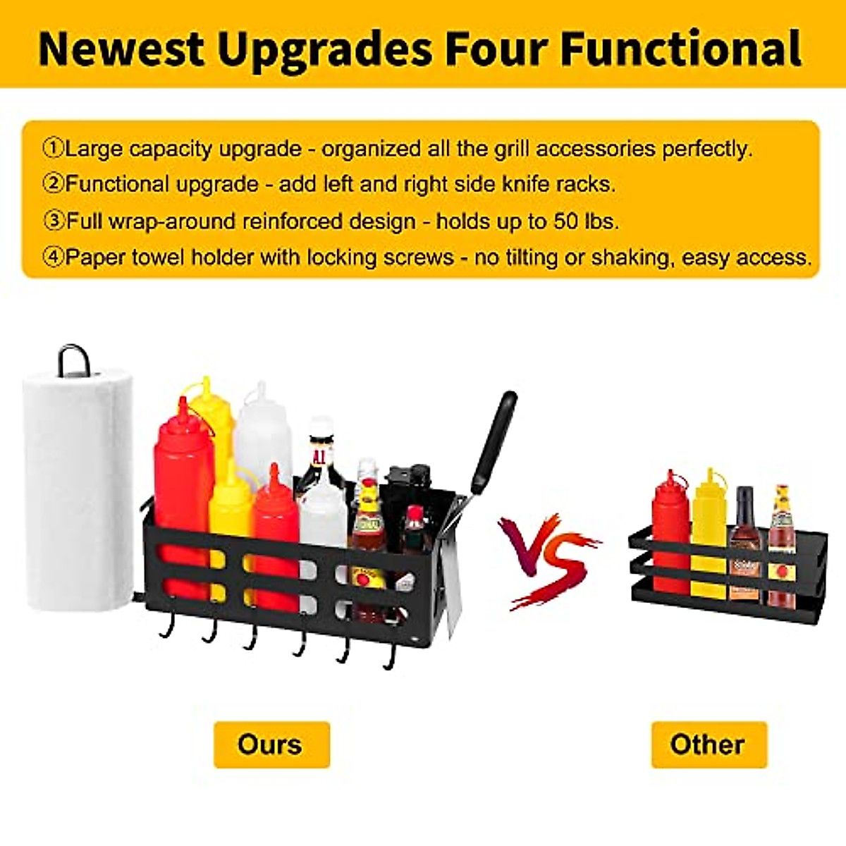 Upgraded Griddle Caddy for 28"/36" Blackstone Griddle/Prep Cart, Extra-Capacity Grill Caddy, Space Saving BBQ Accessories Storage Box with Paper Towel Holder Tool No Drill Outdoor Grill Organizer