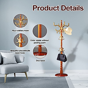 High-Grade Coat Rack Freestanding Coat Rack Stand, Wooden Coat Rack Stand with 14 Hooks, Coat Rack Wooden Tree for Coats, Hats, Bags, Purses, for Entryway Hallway Foyer Office Closet (Mahogany color)