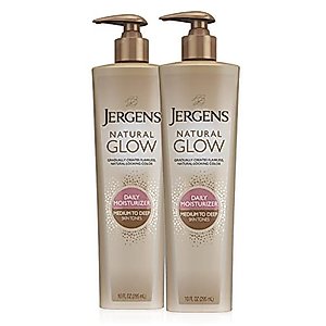 Jergens Natural Glow Sunless Tanning Lotion, Medium to Deep Self Tanner Tone, 10 Ounce Daily Moisturizer Pump, featuring Antioxidants and Vitamin E, (2 Pack)