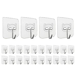 Elegana Adhesive Hooks for Hanging 24 Pack,Heavy Duty Wall Hooks 33 lbs 304 Stainless Steel Self Adhesive Sticky Hooks Waterproof Bathroom Hooks Transparent Sticky Hooks for Kitchen Glass Door