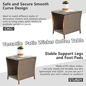 PHIKOOVA Outdoor Wicker Side Table Patio Coffee Table Wicker Bistro End Table Outdoor Square Tempered Glass Top End Table All Weather Metal Rattan Furniture Table with Storage,Light Brown