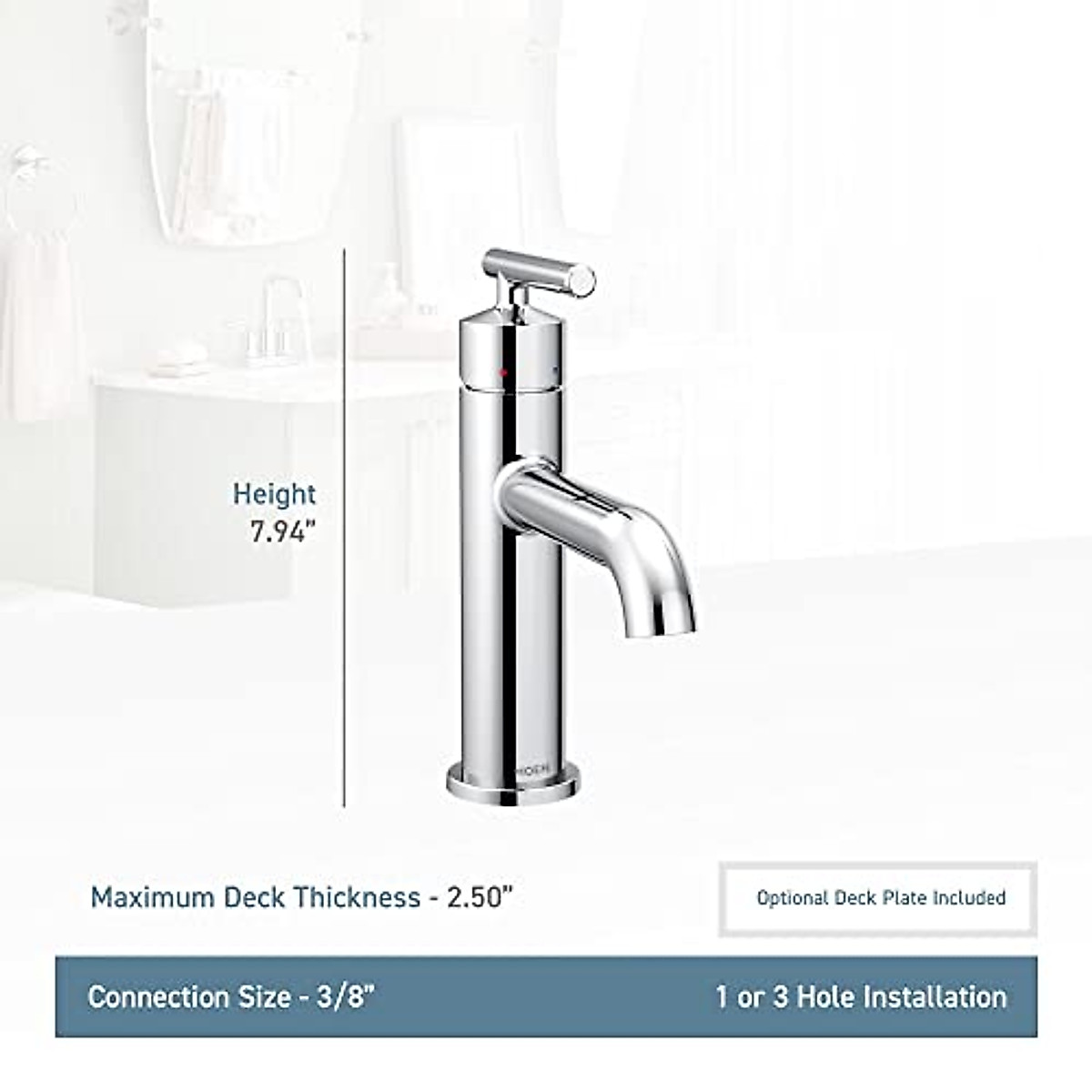 Moen Gibson Matte Black One-Handle Single Hole Modern Bathroom Sink Faucet with Optional Deckplate, Bathroom Faucets for Sink 1-hole Deck Mounted Setup, 6145BL