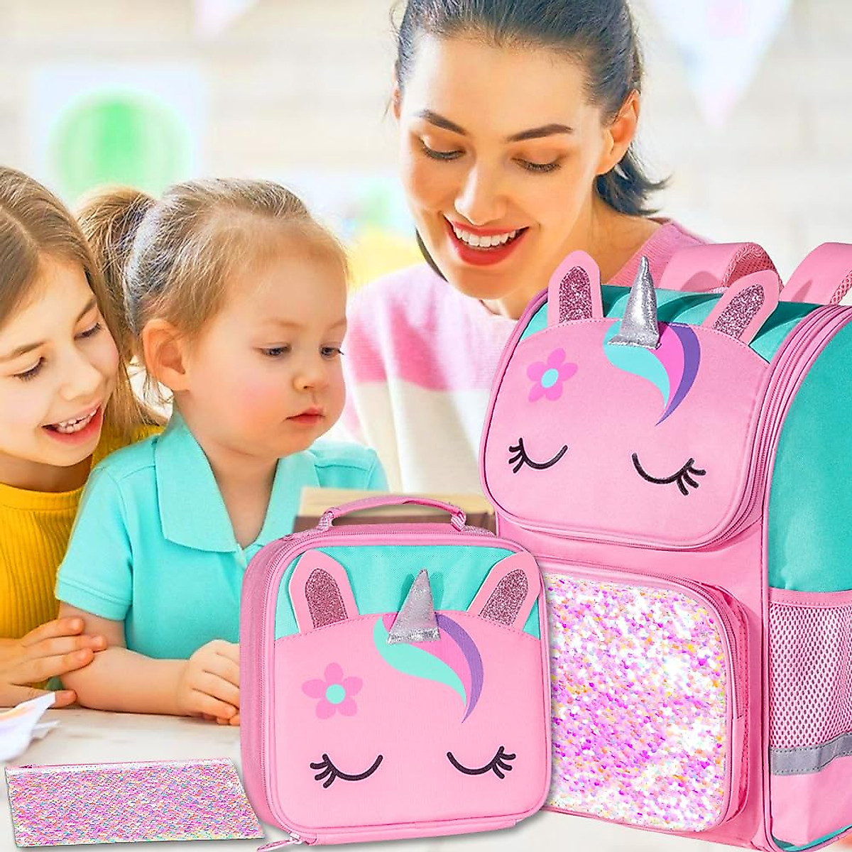 KLFVB 3PCS Girls Backpack , 15" Sequin Unicorn Bookbag with Lunch Box, Kids Preschool School bag for Elementary Students - Pink