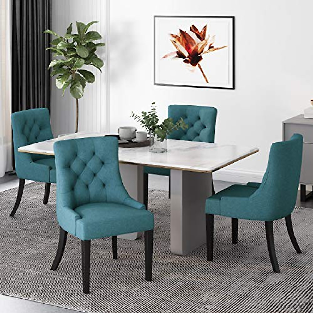Christopher Knight Home Edwina Contemporary Tufted Fabric Dining Chairs (Set of 4), Pack of 4, Dark Teal, Espresso