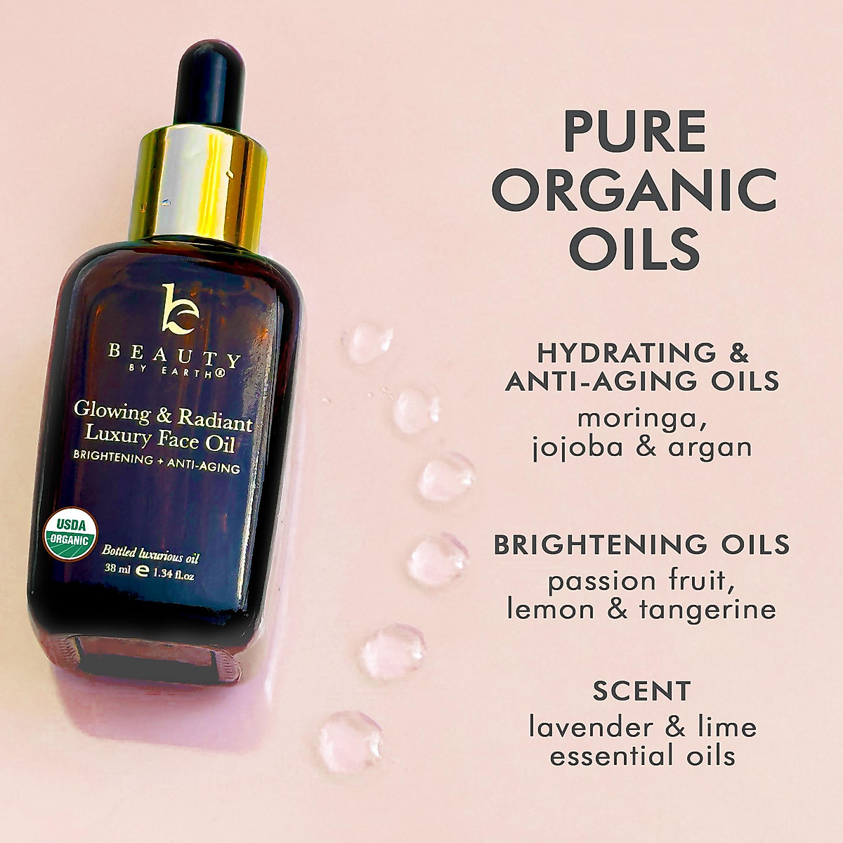 USDA Organic Face Oil – USA Made with Natural Ingredients, Brightens & Smooths Fine Lines & Wrinkles, Non-comedogenic Lightweight Facial Oil for Dry & Sensitive Skin with Moringa, Jojoba & Argan Oils