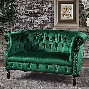 Great Deal Furniture Melaina Tufted Chesterfield Velvet Loveseat with Scrolled Arms, Emerald and Dark Brown