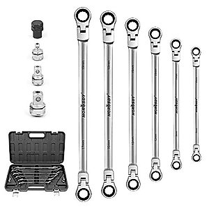 HORUSDY 10-Piece Extra Long Flex-Head Ratcheting Wrench Set - Chrome Vanadium Steel With Metric 8mm - 19mm,With 1/4",3/8",1/2" Socket Drive Adapter