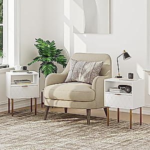 Aobafuir Nightstand, Drawer Dresser for Bedroom, Small Side Table with Drawer, Bedside Furniture, Night Stand, End Table with Gold Frame for Bedroom,Living Room,White