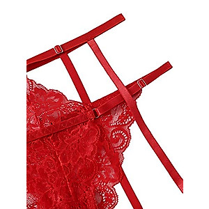 WDIRARA Women's 3 Pieces Mesh Floral Lace Scalloped Trim Garter Lingerie Set Red S