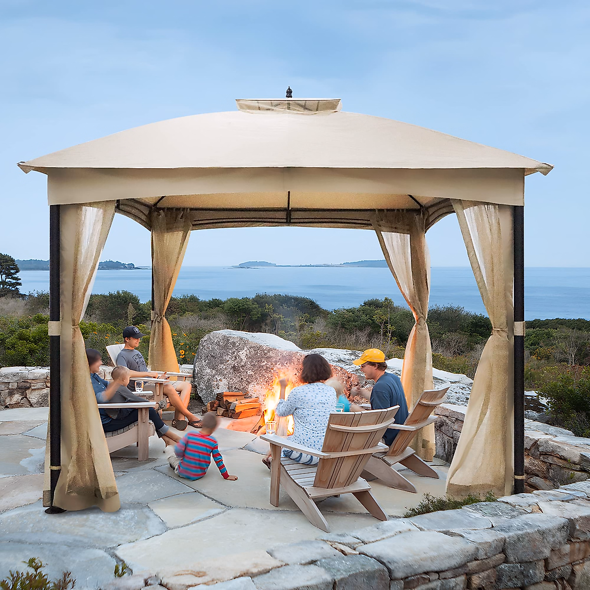 Meetleisure Outdoor Metal Gazebo, 10"x12" Patio Gazebo Double Vent Canopy Gazebo with Mesh Sidewalls, Gazebo Tent with Metal Frame Easy to Set Up for Patio Lawn and Backyard, Beige Top