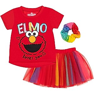 Sesame Street Elmo Toddler Girls Graphic T-Shirt Mesh Skirt and Scrunchie 3 Piece Outfit Set Red/Rainbow 4T