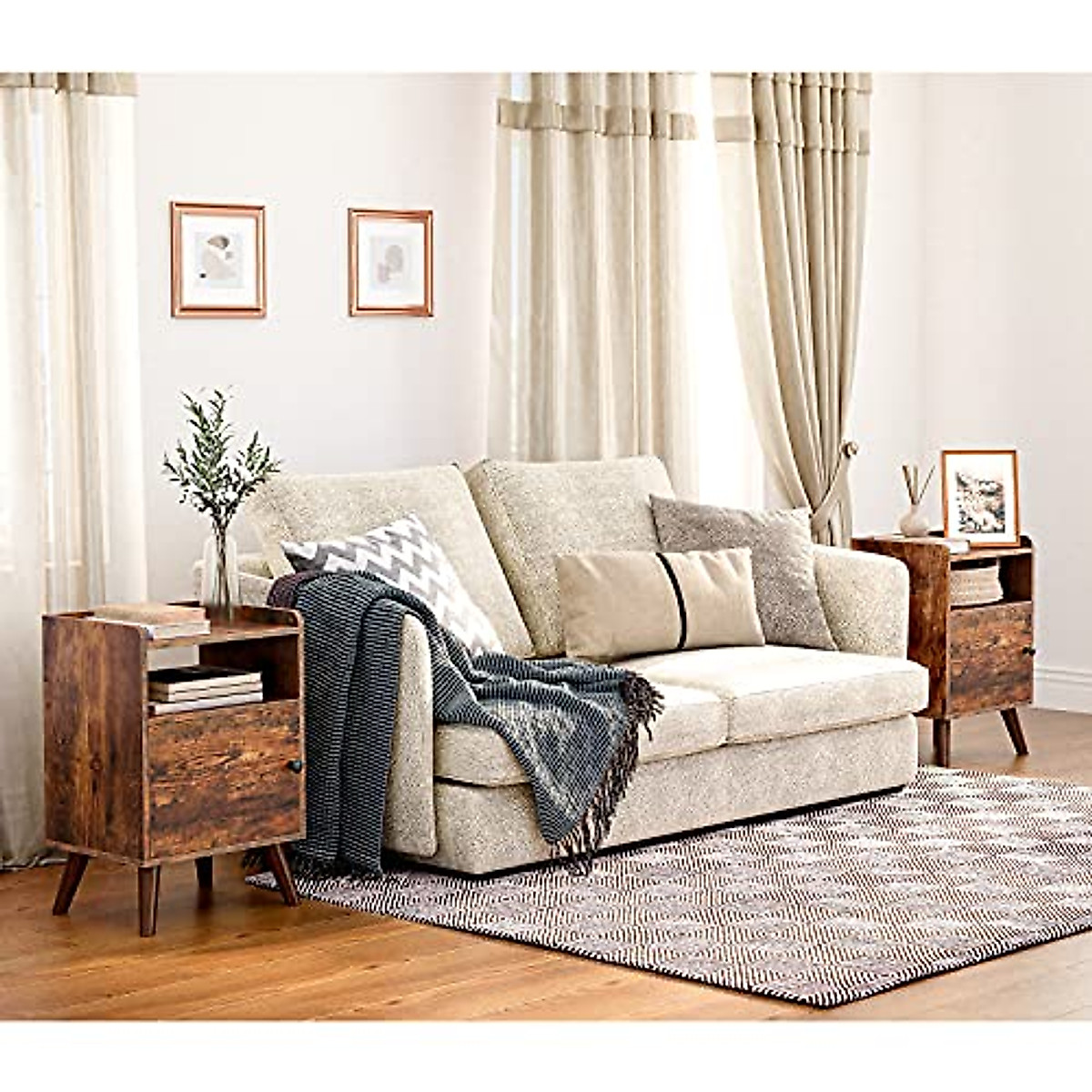 HOOBRO End Tables Set of 2, 3-Tier Side Table with Switchable Door, Side Table for Small Spaces, Stable Wooden Legs, Wood Look Accent Table, Easy Assembly, Rustic Brown BF51BZP201