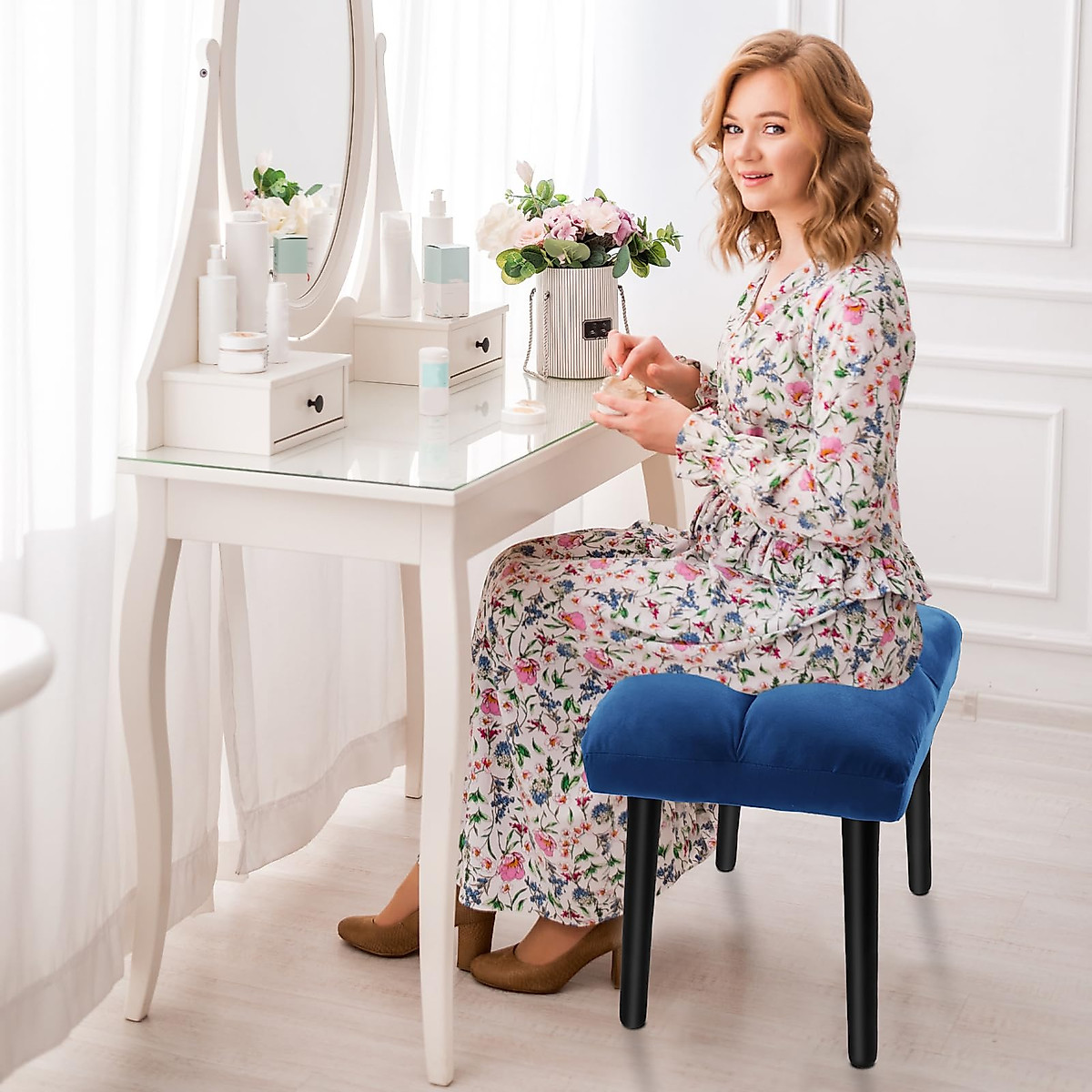 HOUCHICS Soft Vanity Stool Blue Ottoman Stool, Square Makeup Stool with Wooden Legs, Small Ottoman Stool Chair for Vanity, Modern Padded Sofa Seat Foot Rest Stool(Blue)