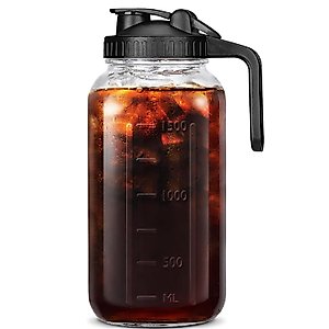 Ucraft Kitchen Glass Pitcher with Lid - 2 Quart (64oz) - wide mouth Mason Jar Water Jug, Airtight & Leak-proof jar, Heavy duty glass container for Cold Brew Iced Coffee, milk, Tea, and Ice Juices