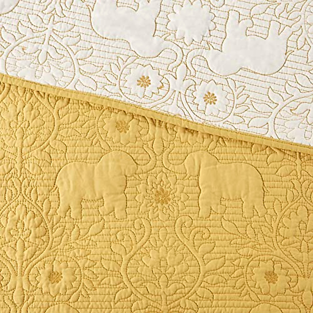 Ink+Ivy Kandula King/Cal King Size Quilt Bedding Set - Mustard Yellow , Quilted Floral, Elephants – 3 Piece Bedding Quilt Coverlets – 100% Cotton Percale Bed Quilts Quilted Coverlet