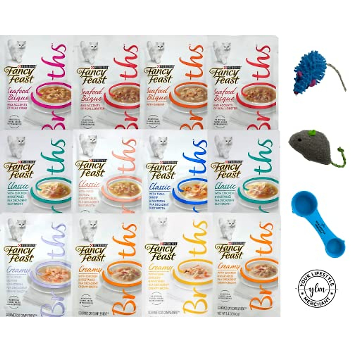 Fancy Feast Broths for Cats Variety Pack Bundle / 12 Pouches Total /2 Cat Nip Mouse Toys & Your Lifestyle Merchant Measuring Spoon