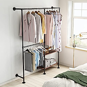 IronJiaZu Industrial Pipe Clothes Racks with Black Shelves, Industrial Pipe Black Clothing Rack with Double Hanging Rods, Heavy Duty Wall Mounted Clothing Rack Rod for Closet Storage, Bedroom