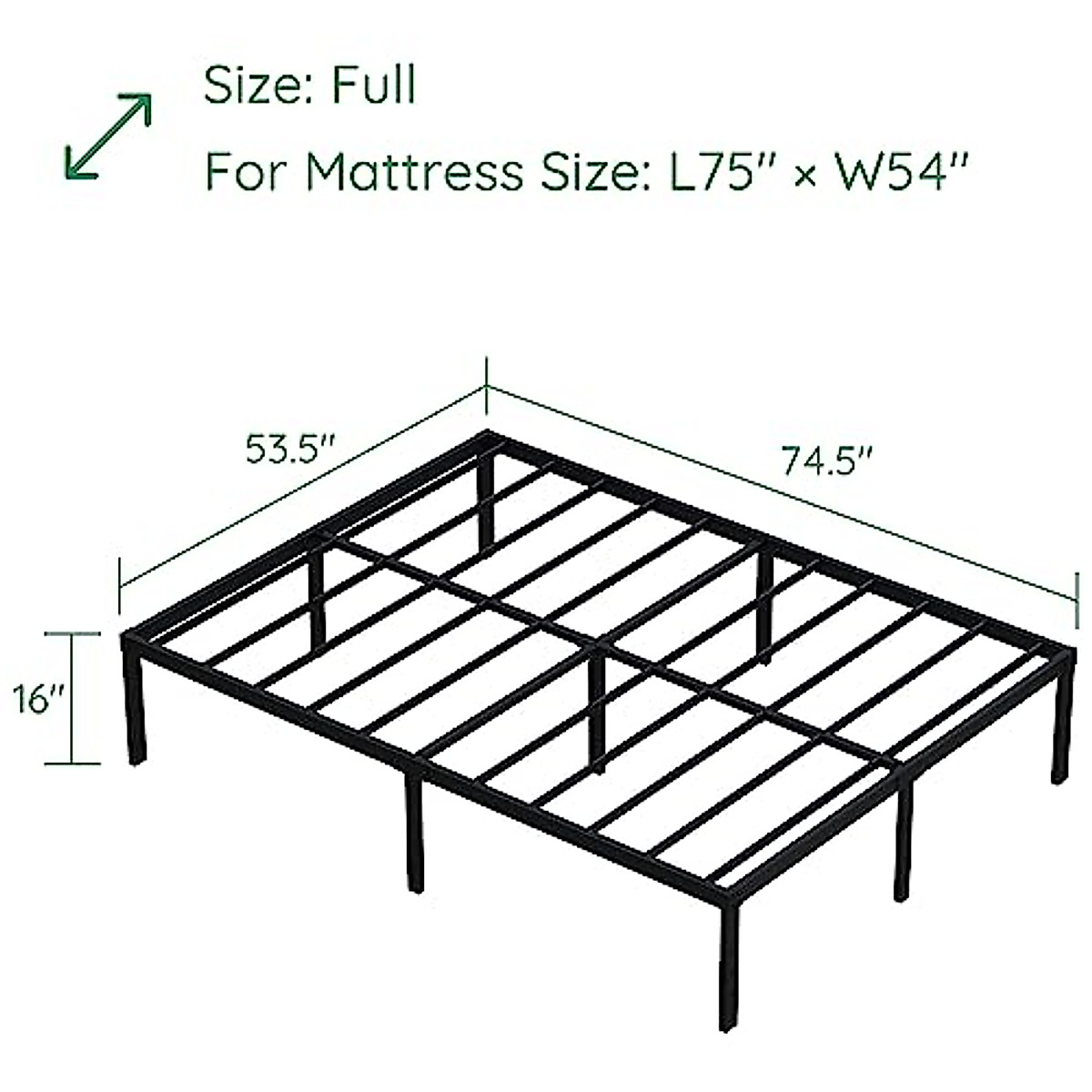 DiaOutro 16 Inch Full Size Bed Frame Heavy Duty Metal Platform No Box Spring Needed, Maximum Storage, Easy to Assembly, Noise Free, Black