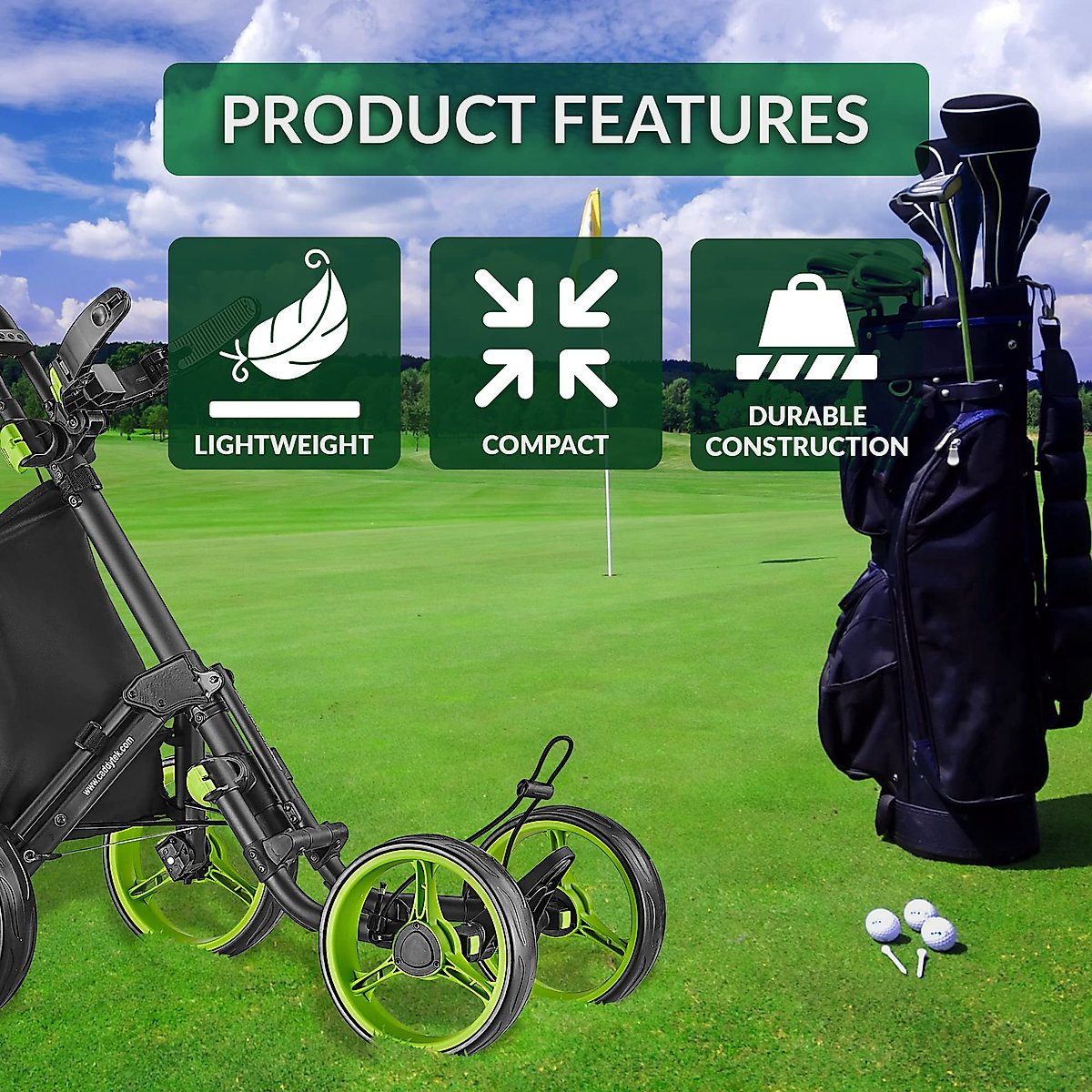 caddytek 4 Wheel Golf Push Cart - Compact, Lightweight, Close Folding Push Pull Caddy Cart Trolley - Explorer V8, Lime
